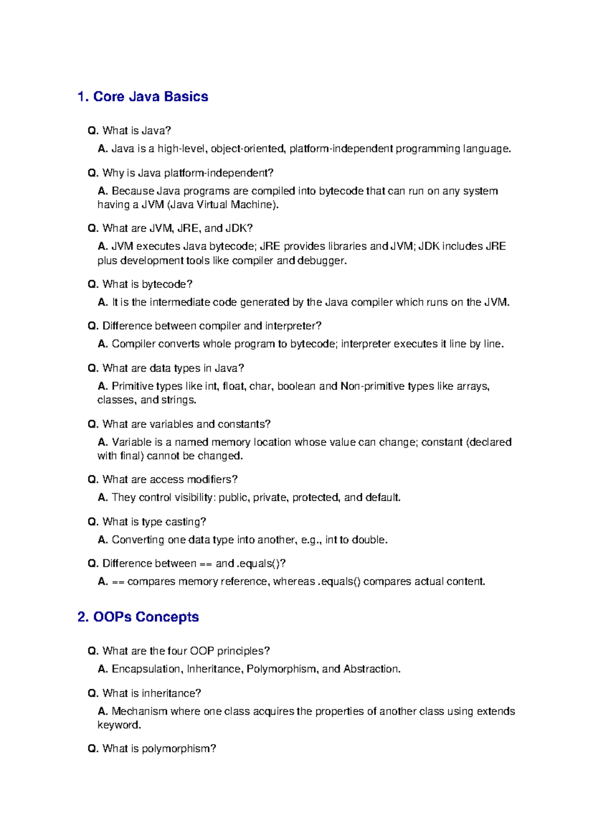 Full Stack Java Viva Q&A (Sem 3) - Core Concepts & OOPs - Studocu