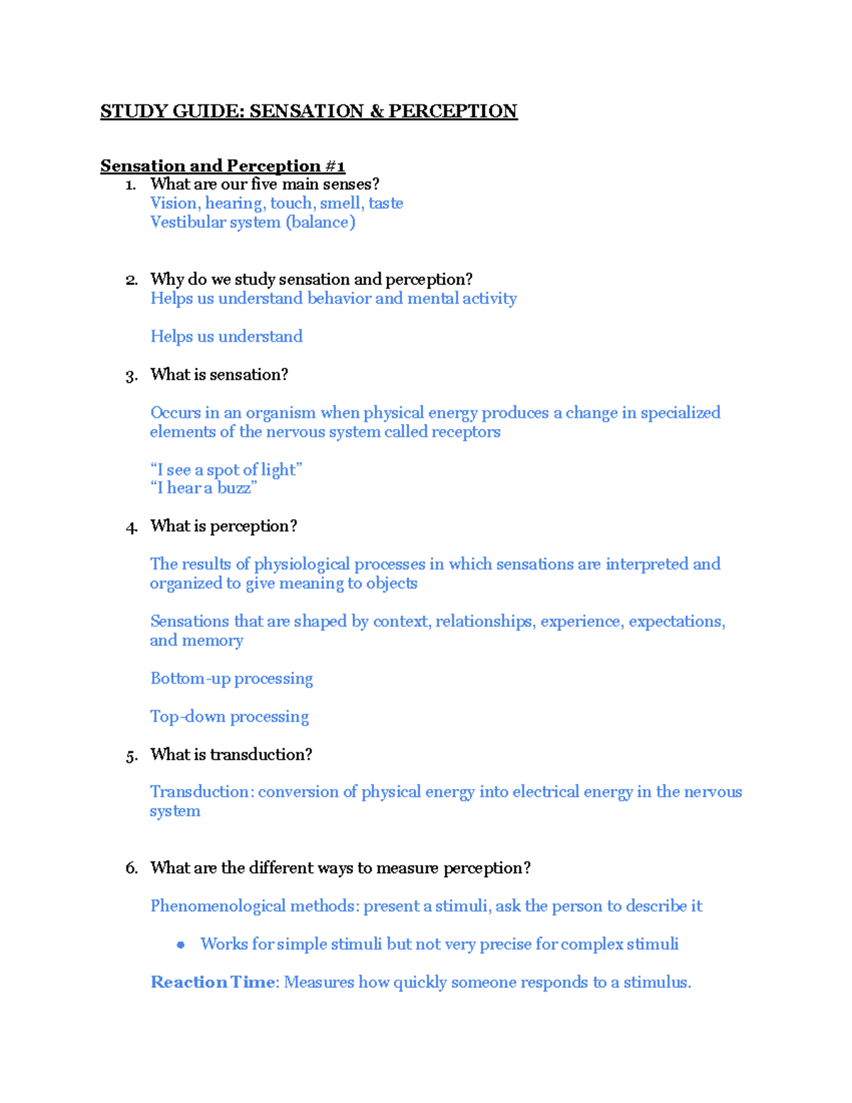 Study Guide: Sensation & Perception (PSY 101) - Key Concepts and Terms ...