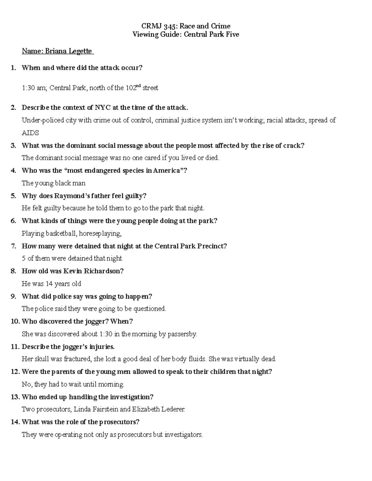 CRMJ 345: Viewing Guide for Central Park Five Documentary Analysis ...