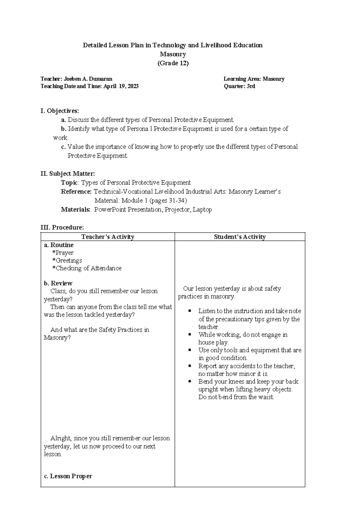 444878183 DLP TLE Masonry 9 docx - Detailed Lesson Plan in Technology ...