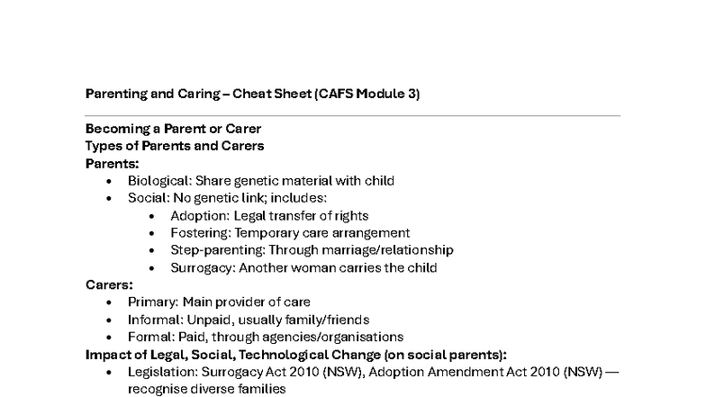 CAFS Module 3: Parenting and Caring Cheat Sheet - Studocu