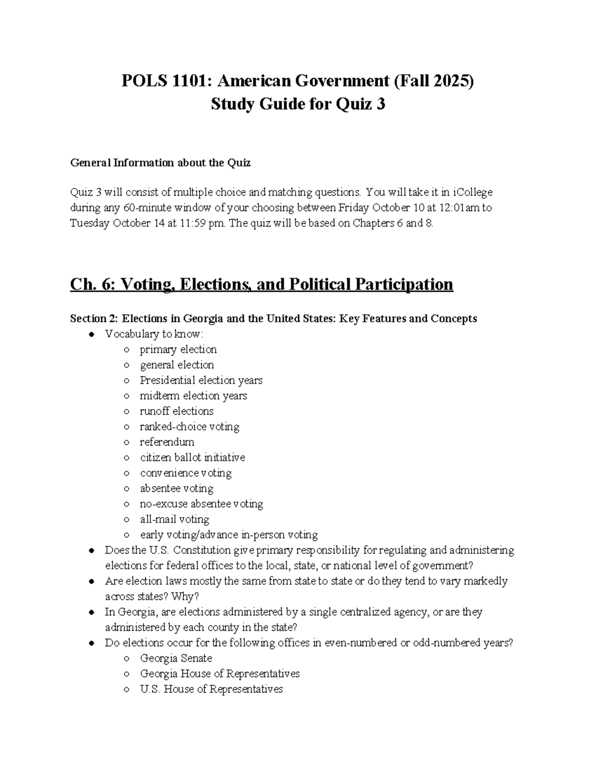 POLS 1101: American Government Study Guide for Quiz 3 (Fall 2025) - Studocu