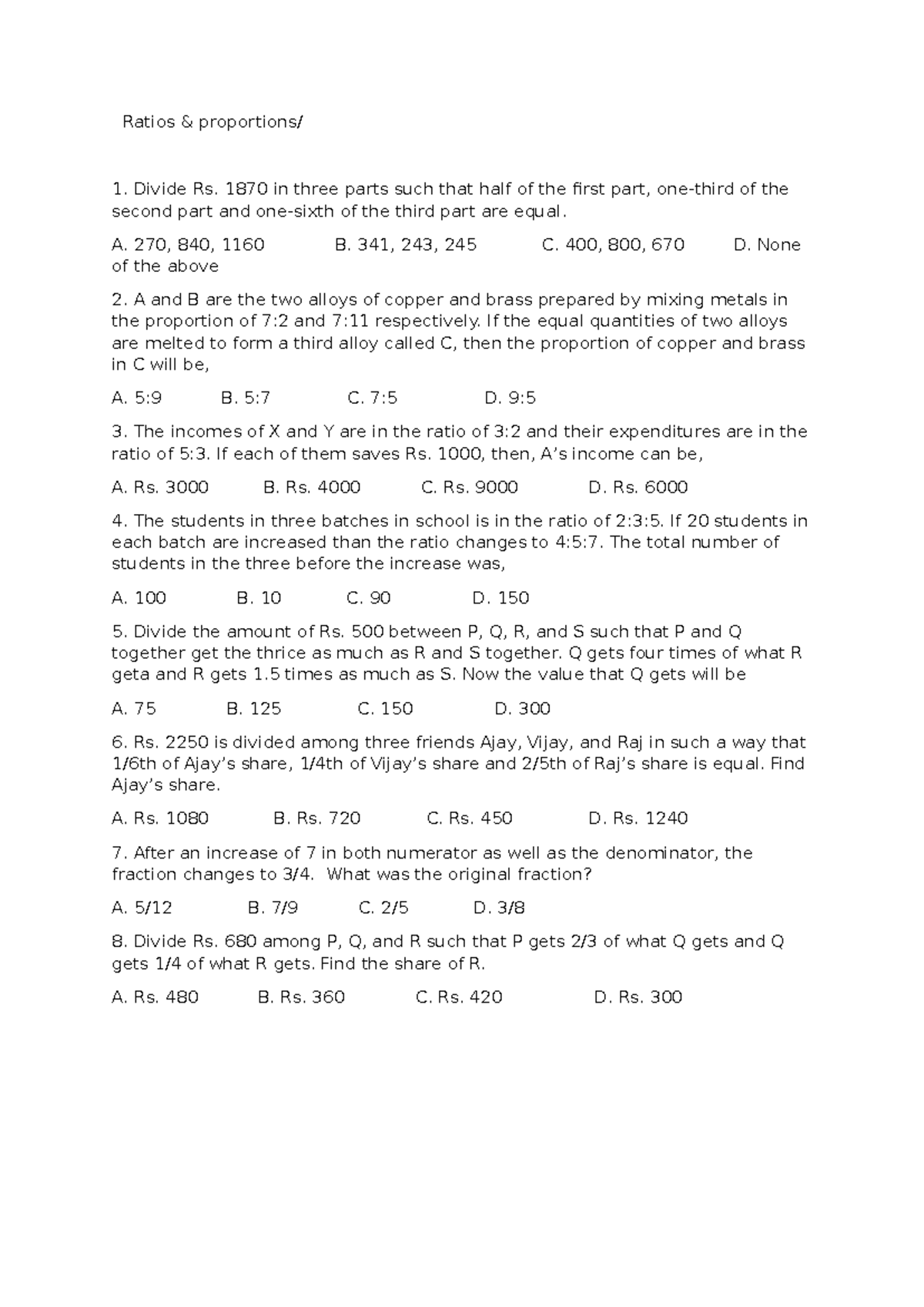 Ratios & Proportions Practice Questions A&F, IFB - Studocu