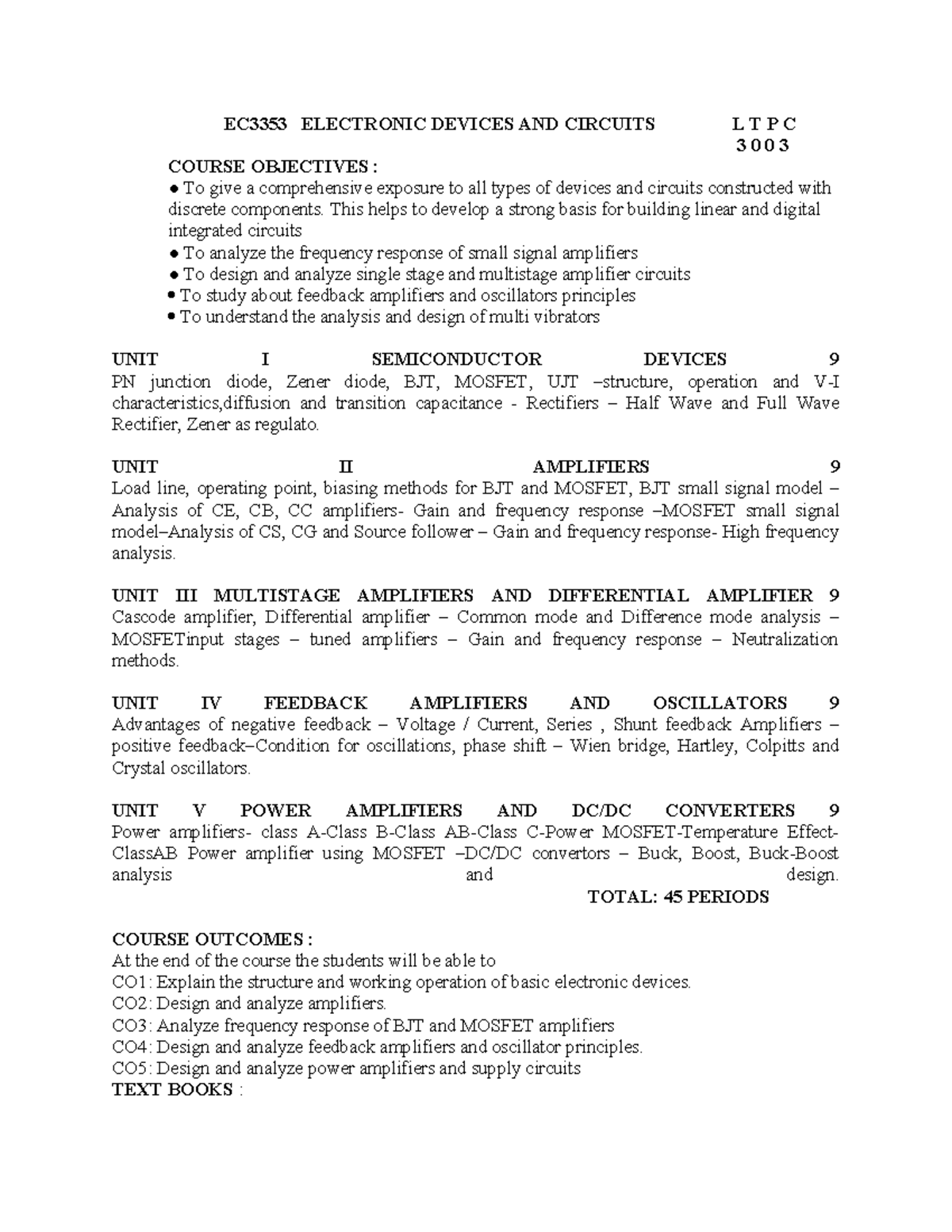 EC3353 Electronic Devices and Circuits Syllabus Overview - Studocu