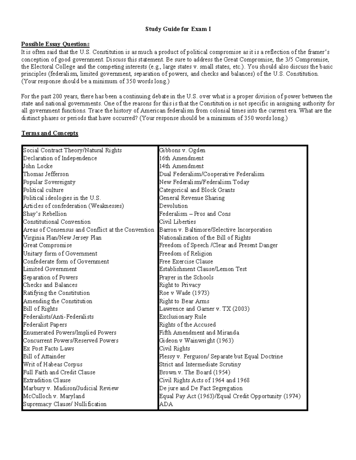 Study Guide for Exam I - U.S. Government: Key Concepts & Essay ...