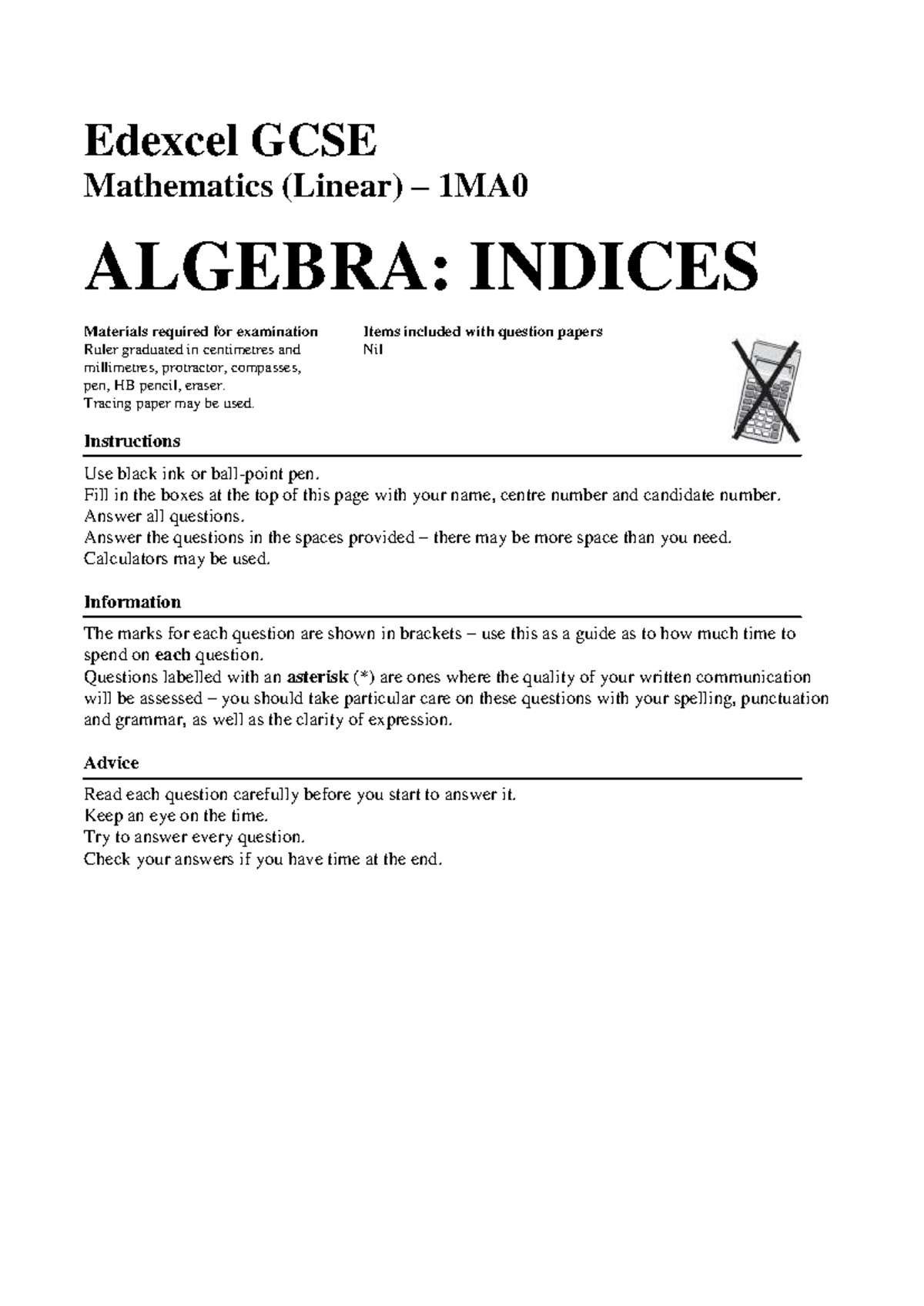 Edexcel GCSE Maths 1MA0 Final Exam: Algebra Indices Guide - Studocu