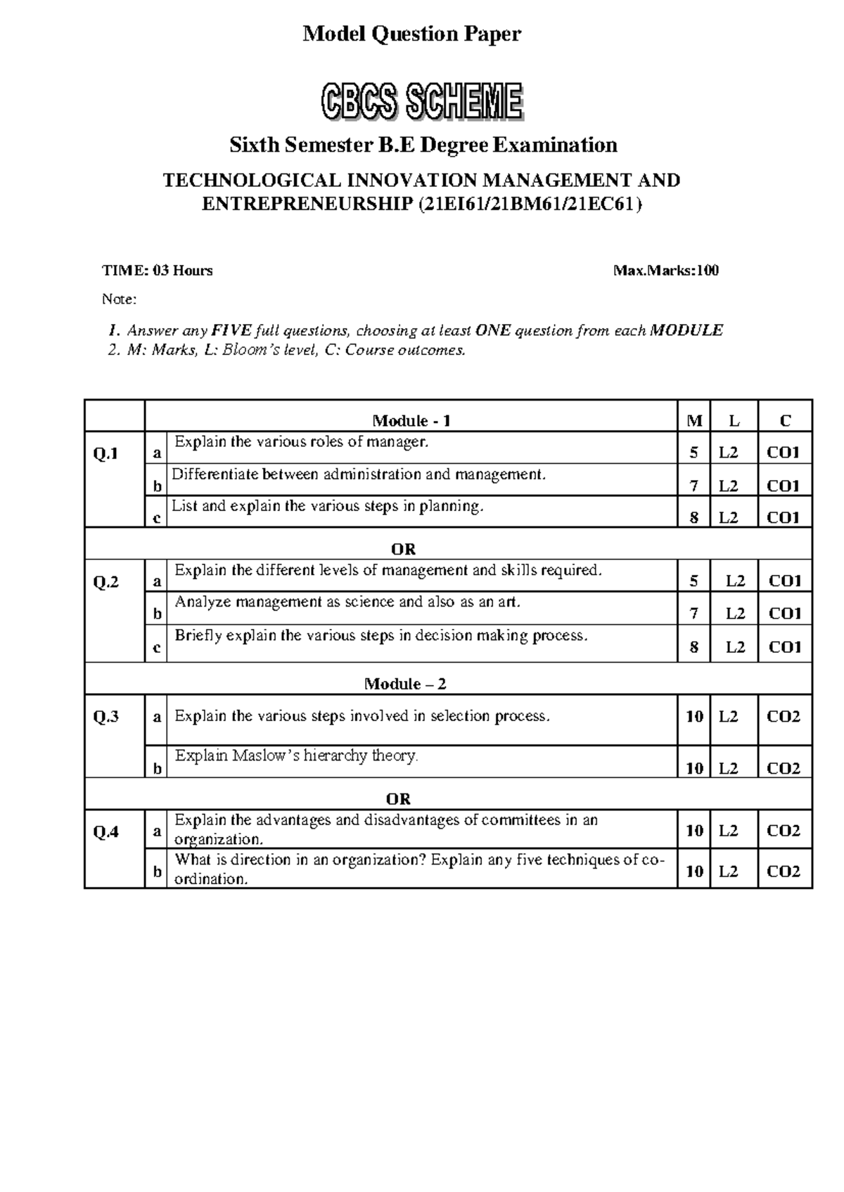 Model Question Paper for 21EC61: Tech Innovation Management Exam - Studocu