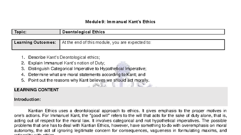 Lesson 9: Deontological Ethics and Immanuel Kant's Categorical ...