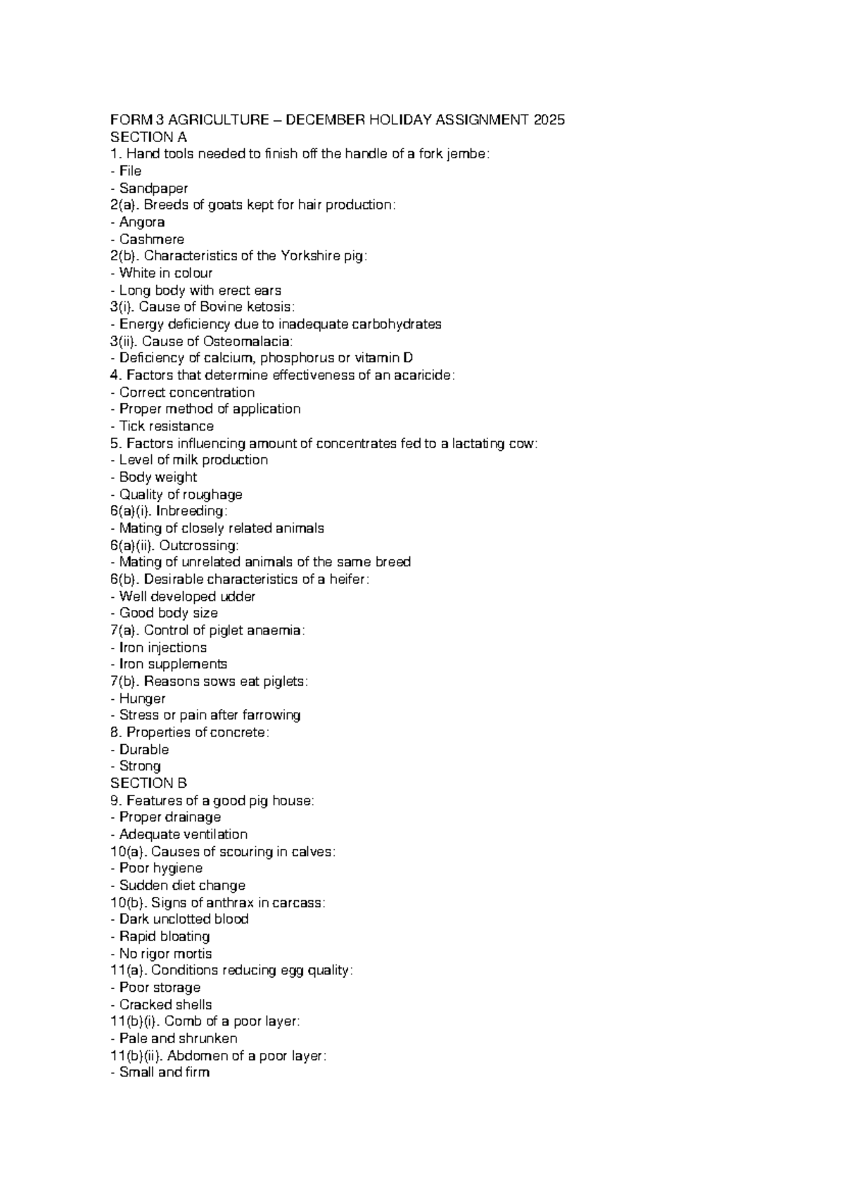 Form 3 Agriculture December Holiday Assignment 2025 Answers - Studocu
