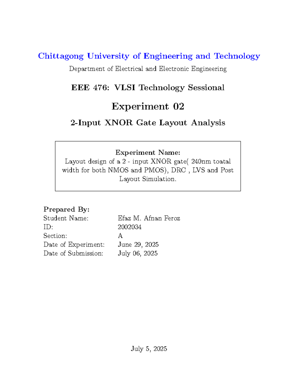 CUET EEE 476: XNOR Gate Layout Analysis & Simulation Report - Studocu