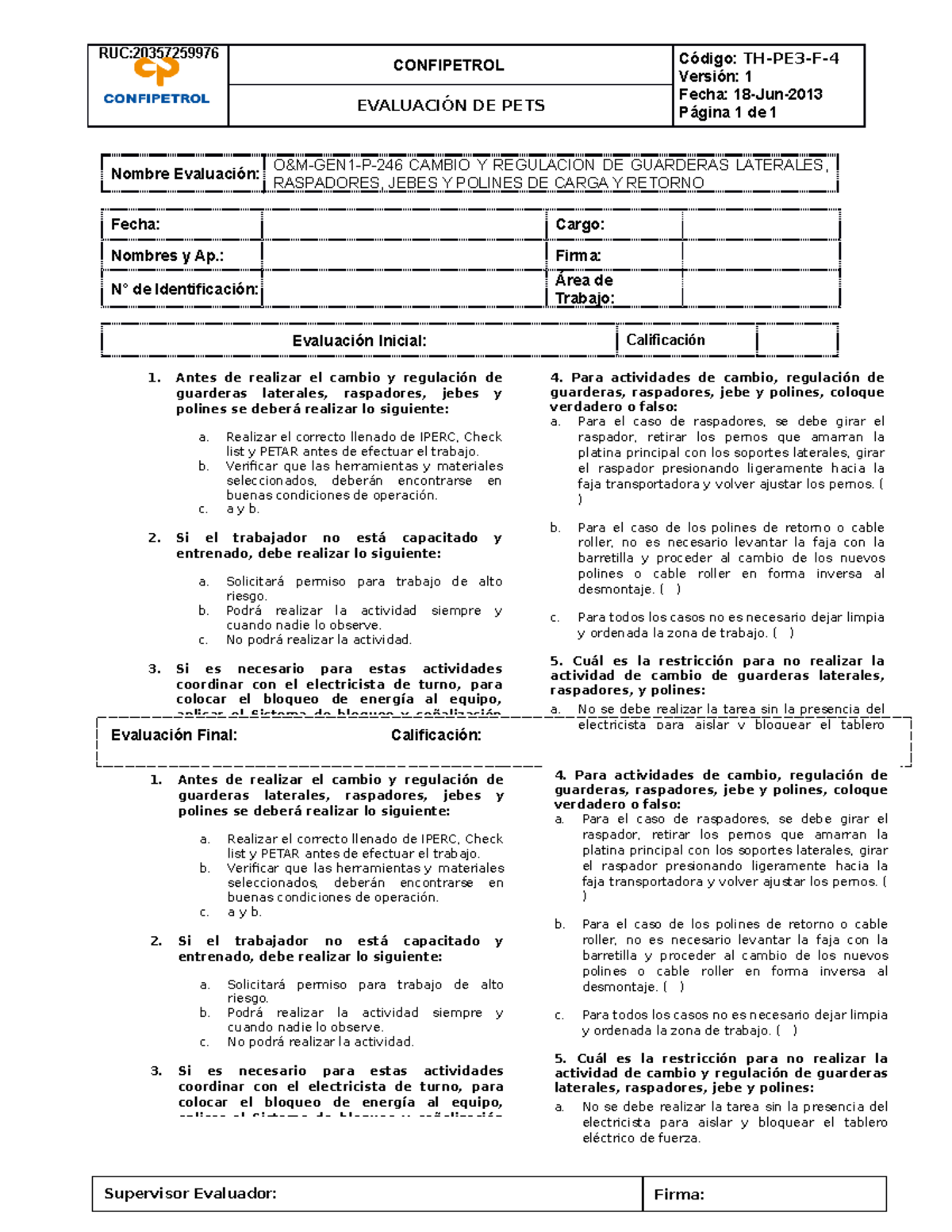 Evaluacion DE Cambio Y Regulacion DE Guarderas Laterales, Raspadores ...