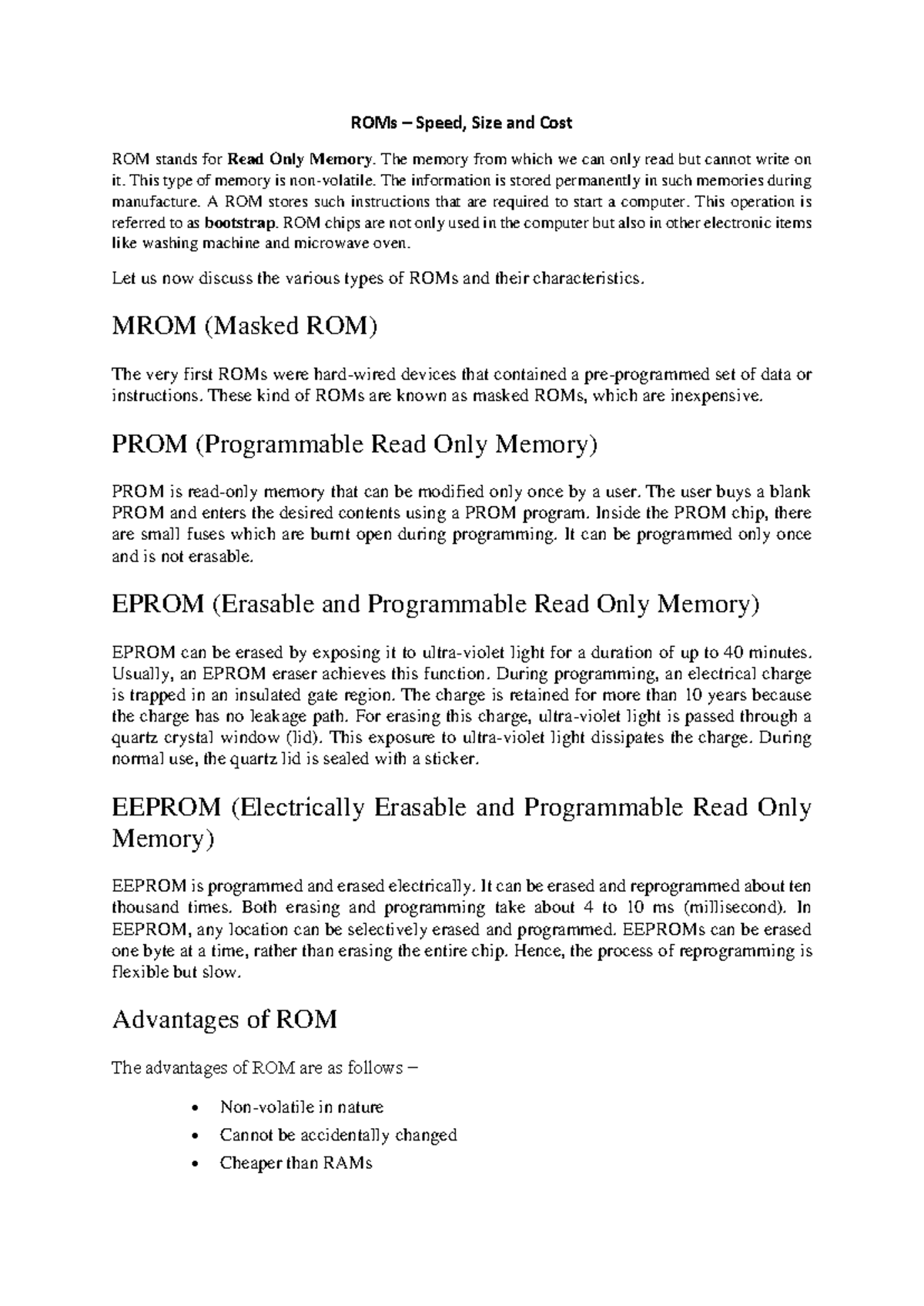 ROM Types and Characteristics: MROM, PROM, EPROM & EEPROM - Studocu
