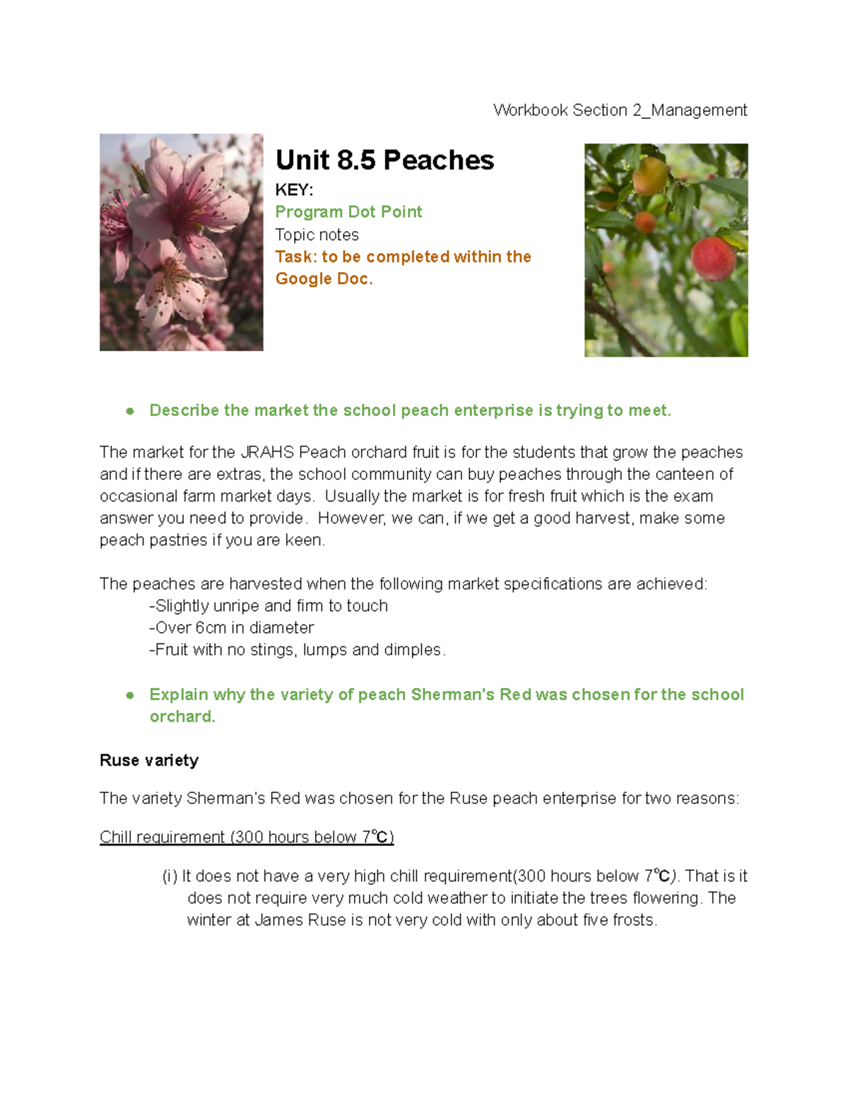 Unit 8.5 Peaches Management Workbook: Market & Orchard Practices - Studocu