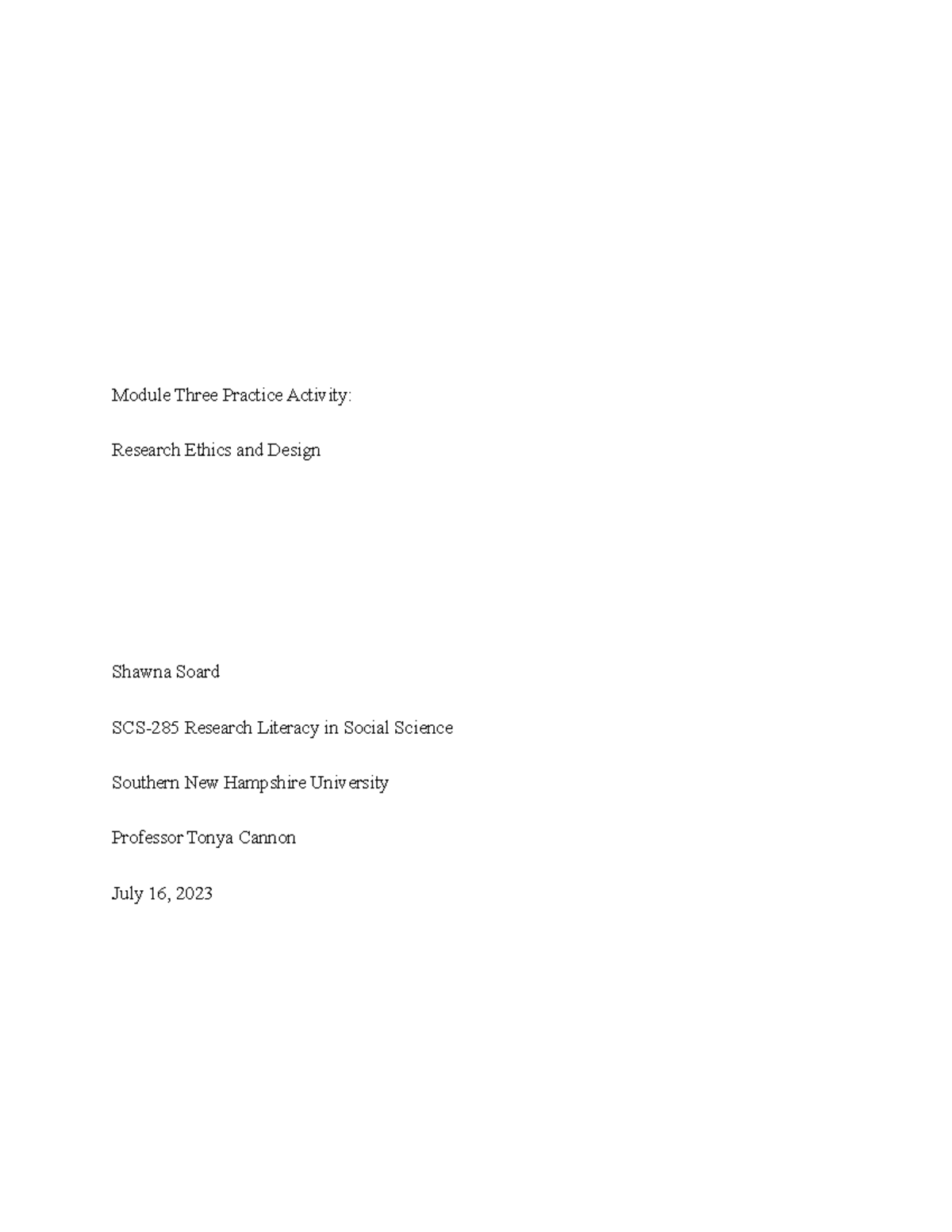 SCS 285 Module 3 Practice Activity on Research Ethics in Social Science ...