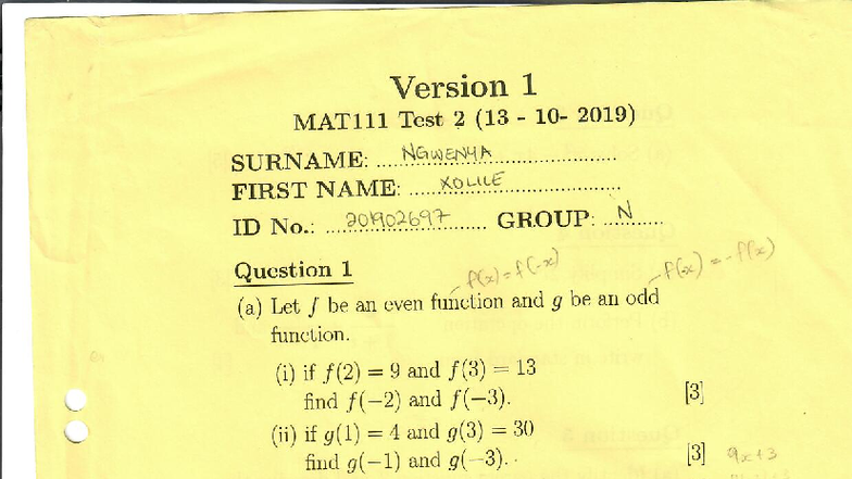 MAT 111 TEST 2 2019 - Questions and Solutions - Studocu