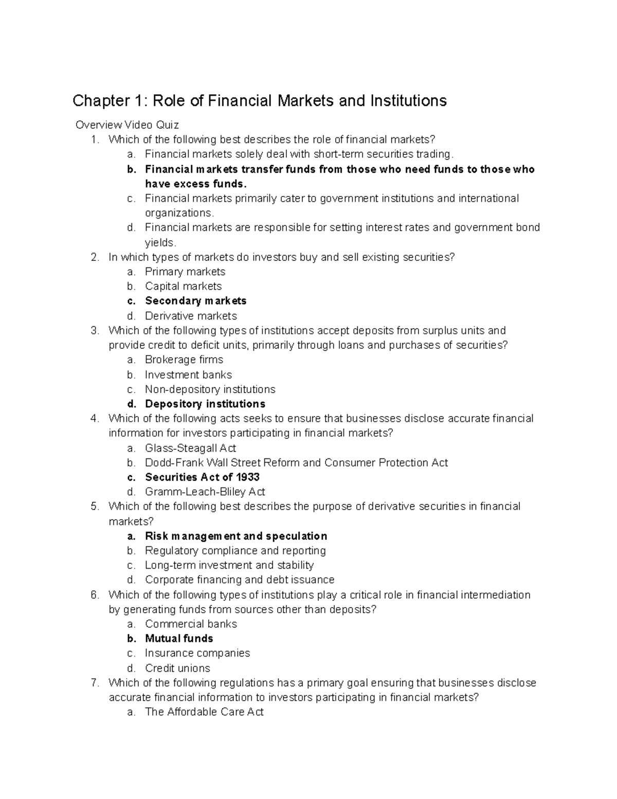 Finmar CH 1: Role of Financial Markets & Institutions Overview Quiz ...