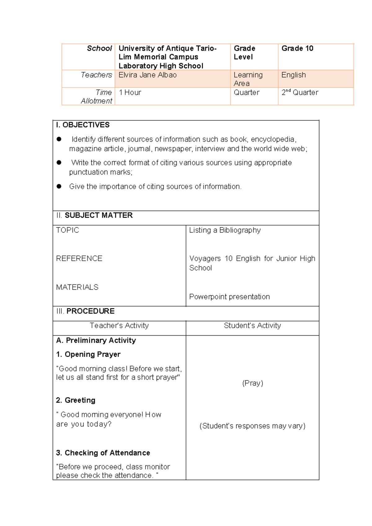 Bibliography Lesson Plan - Grade 10 English (Quarter 2) - Studocu