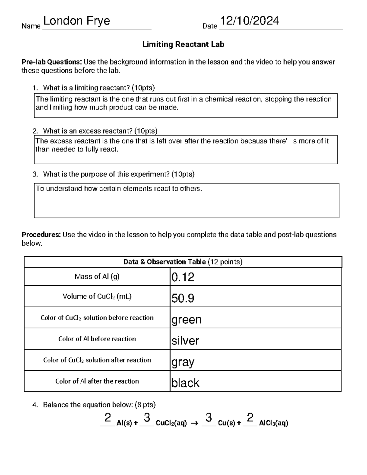 Limiting Reactant Lab: Understanding Reactants and Their Role - Studocu