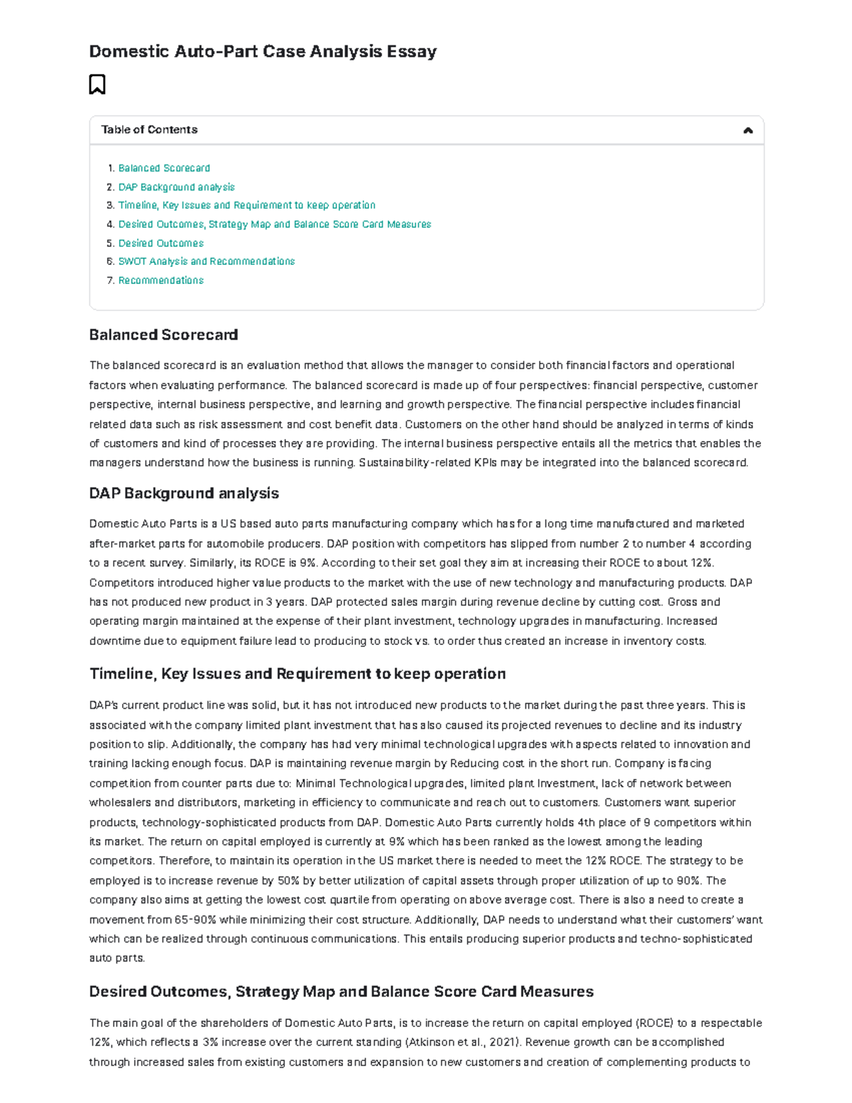 Domestic Auto Parts Case Study Analysis - Essay Notes (1009 Words ...