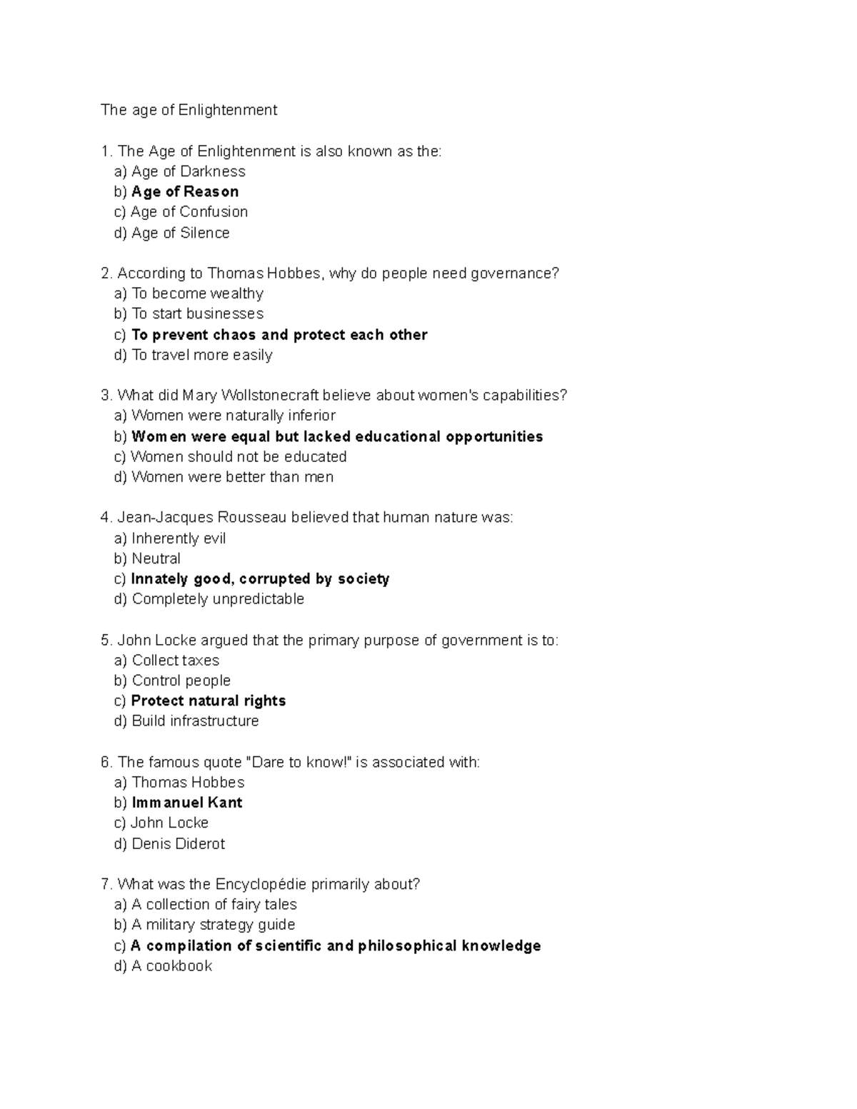 ENGL 101: The Age of Enlightenment - Multichoice Questions - Studocu