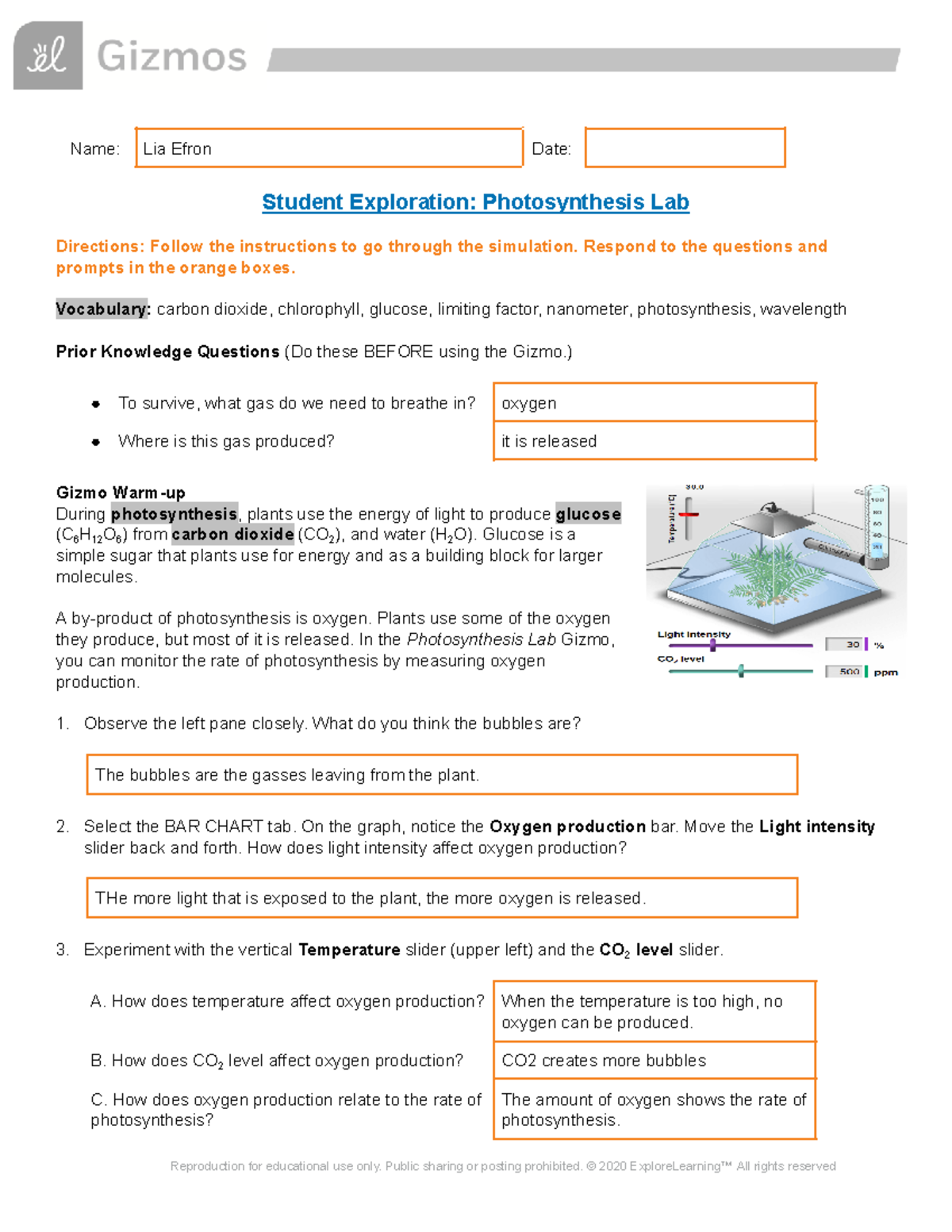 Photosynthesis lab - Name: Lia Efron Date: Student Exploration ...