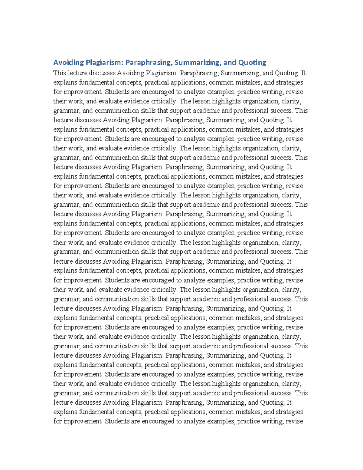 Lecture on Avoiding Plagiarism: Paraphrasing & Summarizing - Studocu