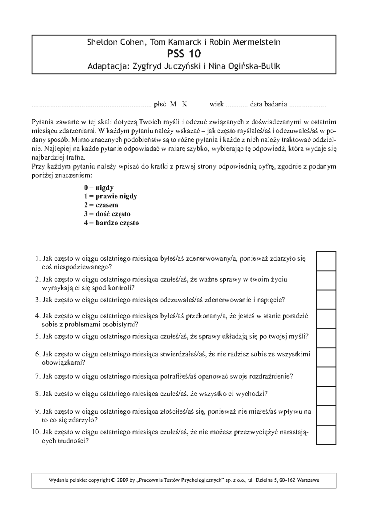 PSS 10 - Kwestionariusz do pomiaru stresu w ostatnim miesiącu - Studocu