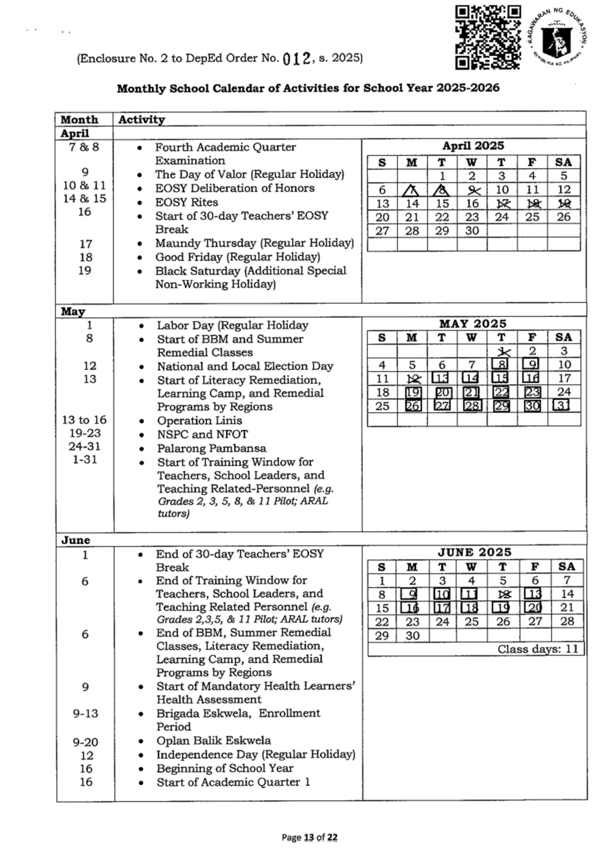 Monthly School Calendar of Activities SY 2025-2026 - Studocu