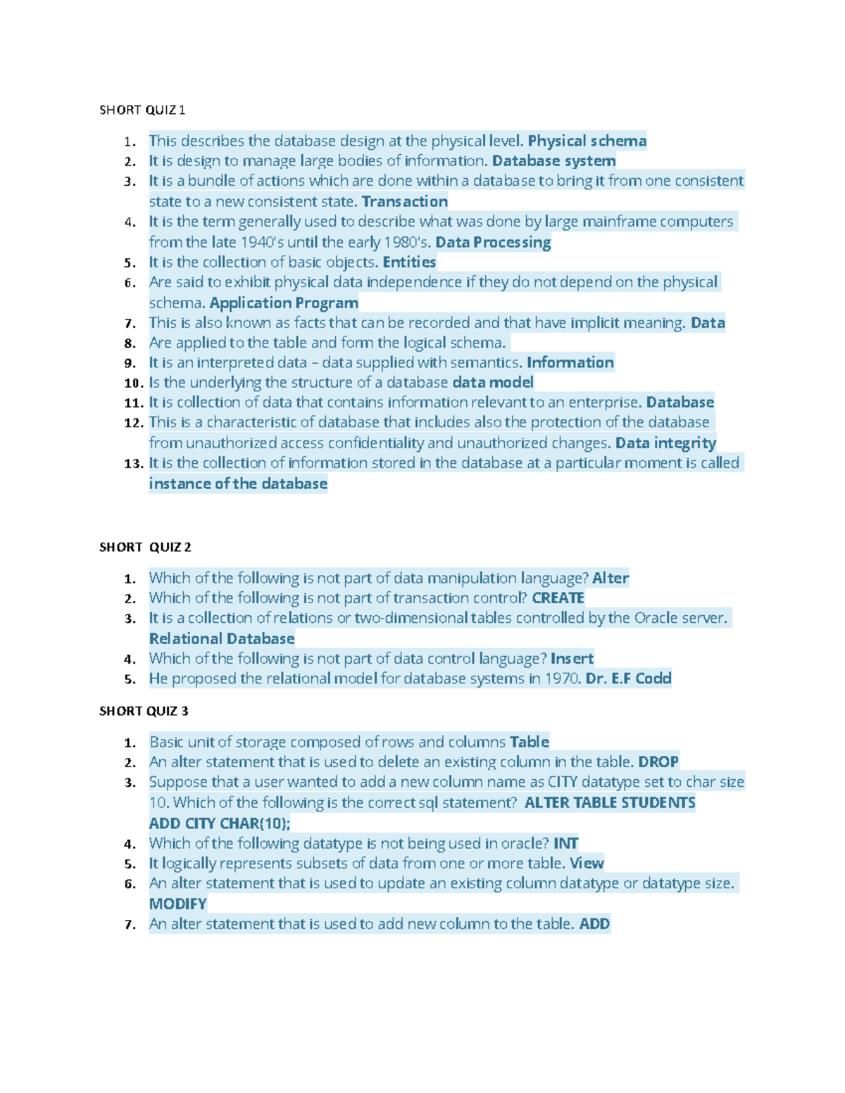 DBMS 101: Short Quiz Compilation and Key SQL Concepts - Studocu