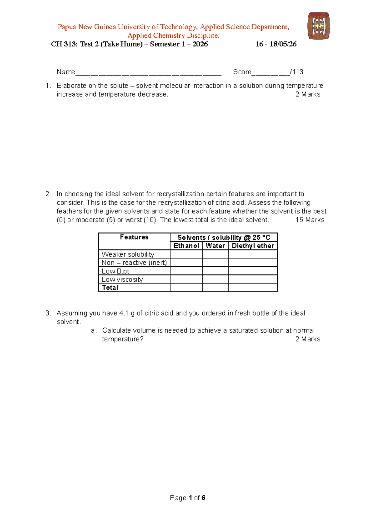 CH 313: Test 2 (Take Home) - Semester 1 - 2026 - Studocu