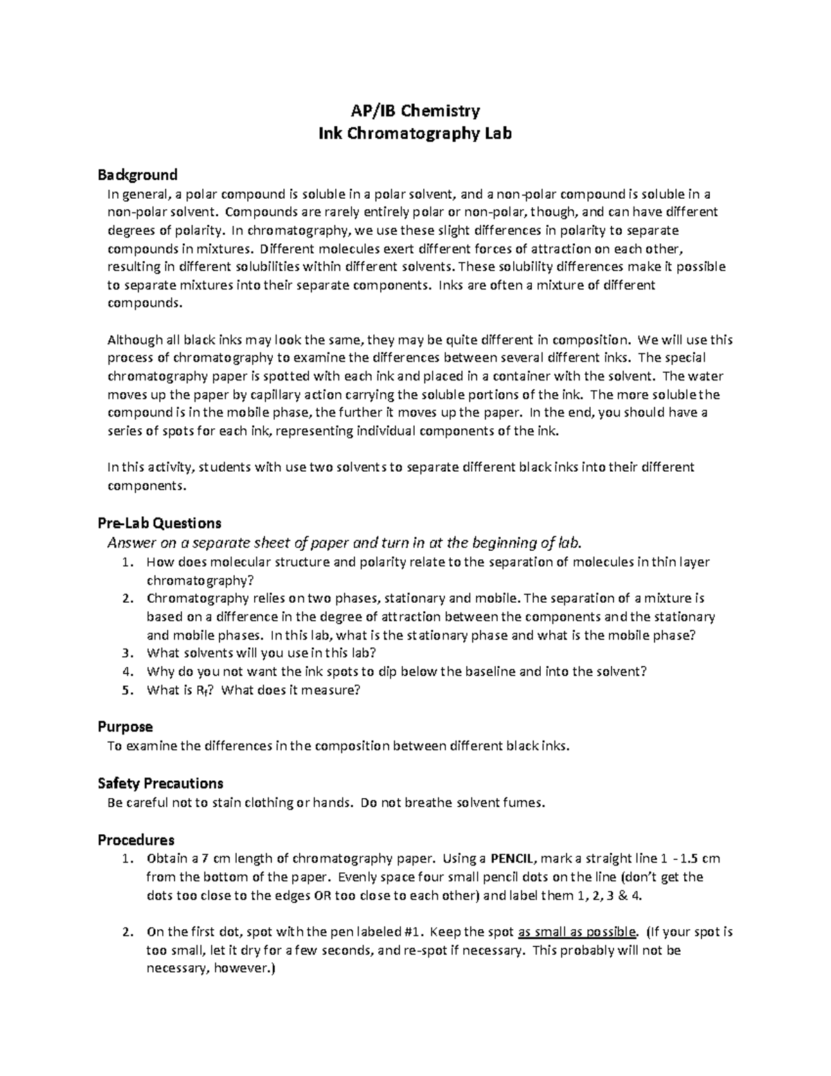 Chemistry 9: Ink Chromatography Lab Background and Procedures - Studocu