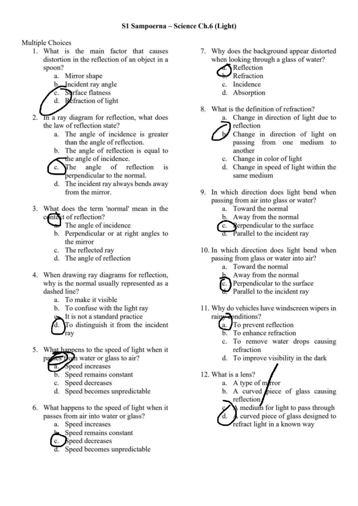 S1 Sampoerna Science Ch. 6 (Light) Multiple Choice Questions - Studocu