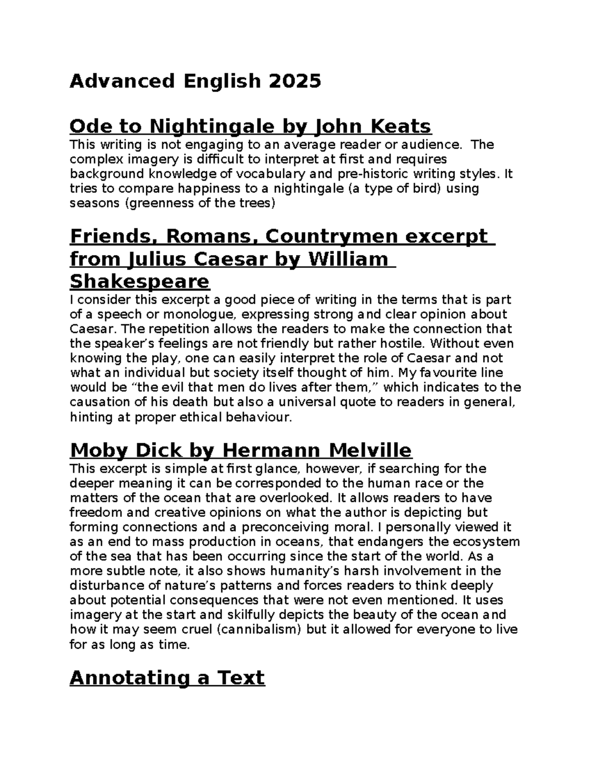 Advanced English 2025 - Literary Analysis and Reflection Notes - Studocu