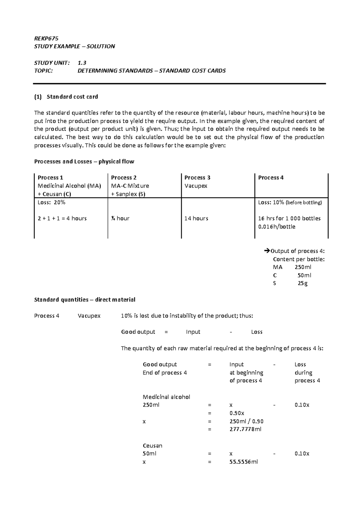 REKP675 2020 Study Example SU3 03 Standard Cost Card Solution - REKP ...