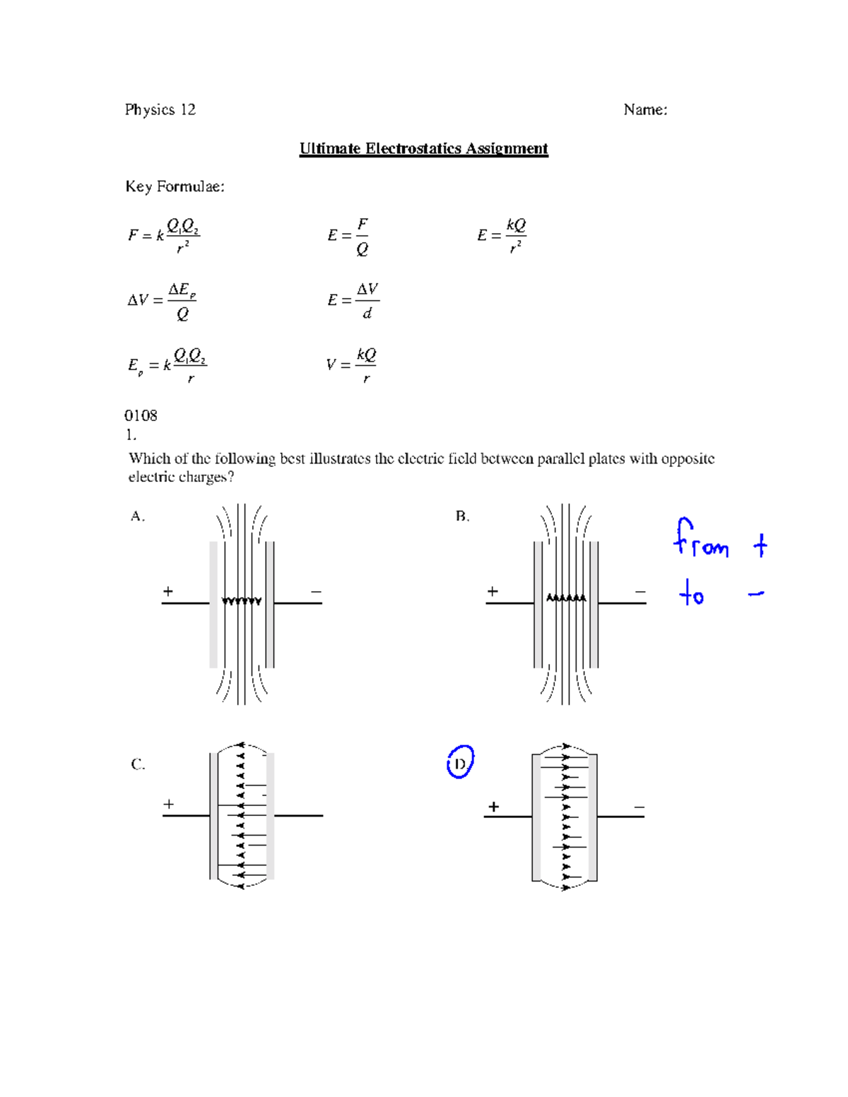 Electrostatics Assignment Solutions for Physics 12 Review - Studocu