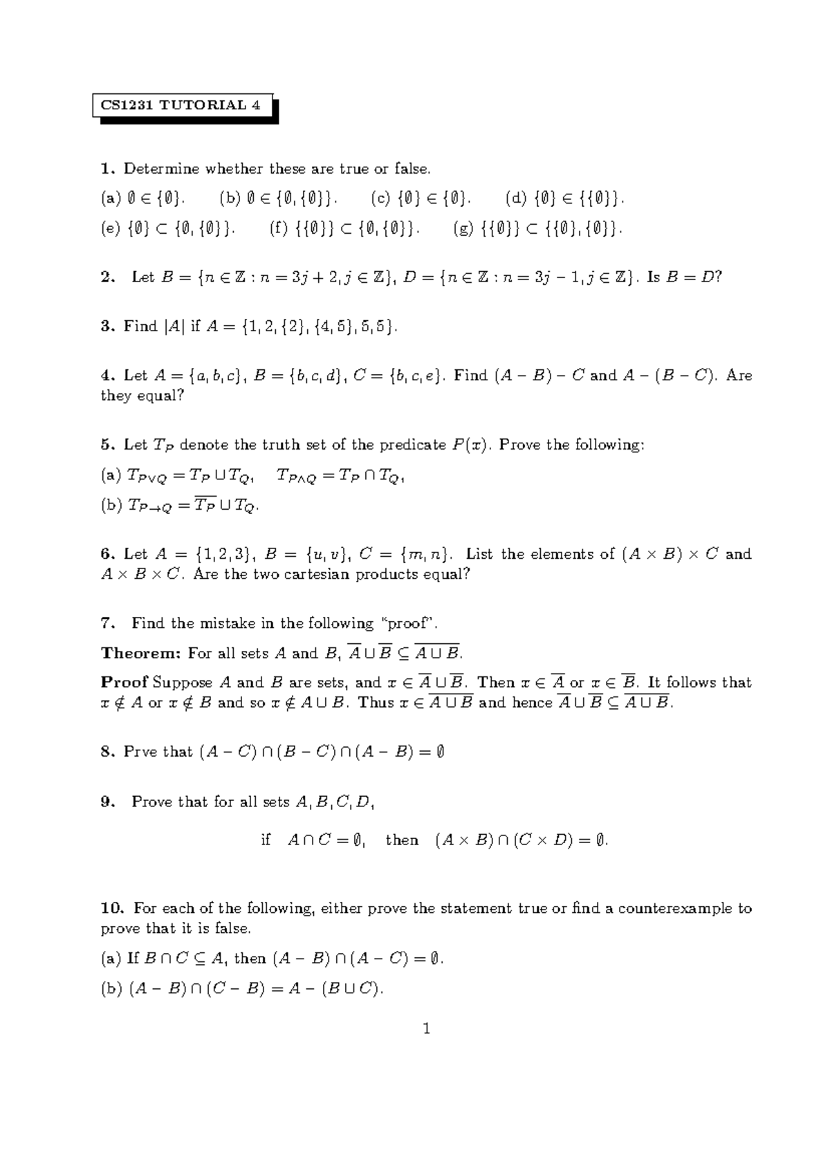 CS1231 TUTORIAL 4: True/False Questions and Set Operations - Studocu