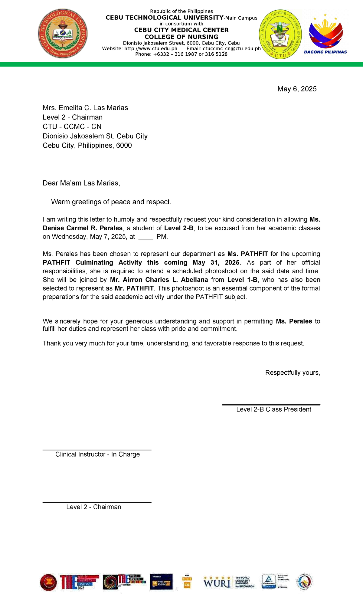 Letter Request for Ms. Denise Perales - PATHFIT Culminating Activity ...