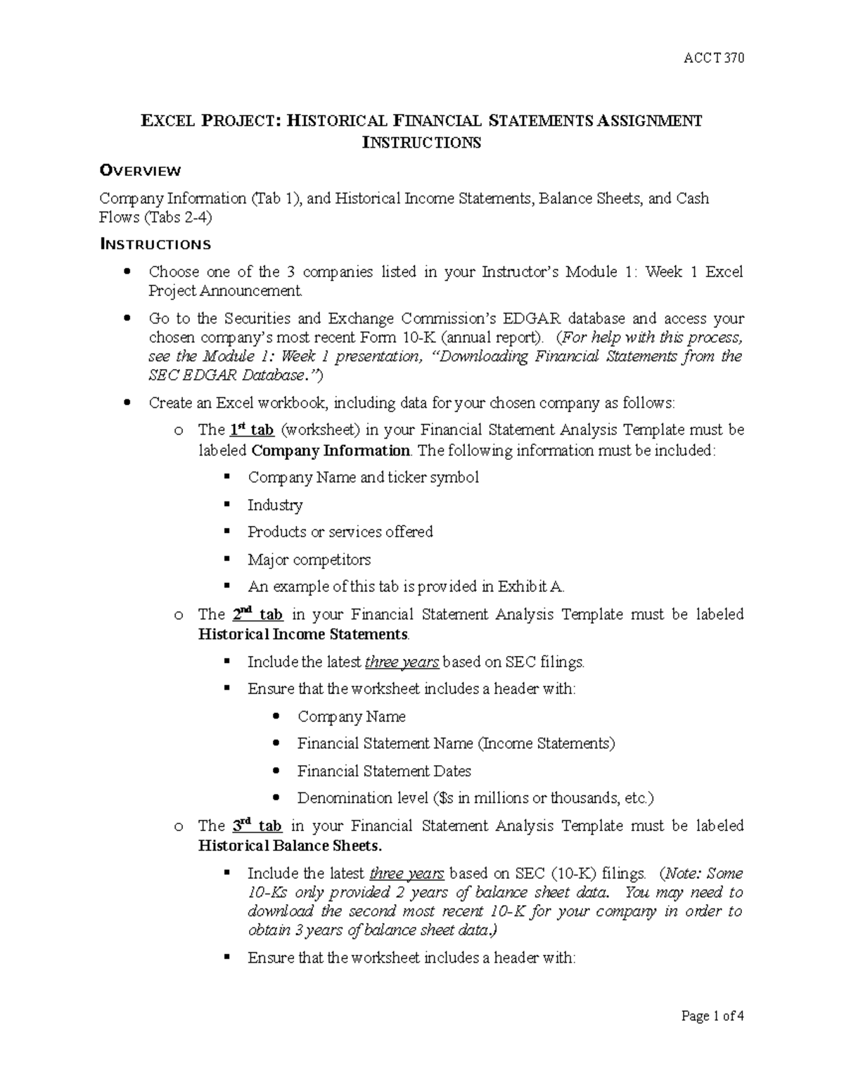 Excel Project: Historical Financial Statements Assignment Guidelines ...
