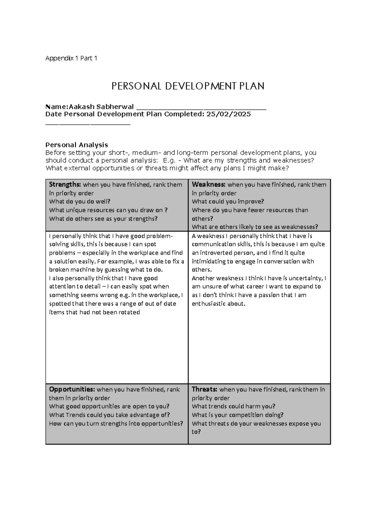 BTEC 2021_22 Personal Development Plan & SWOT Analysis - Studocu