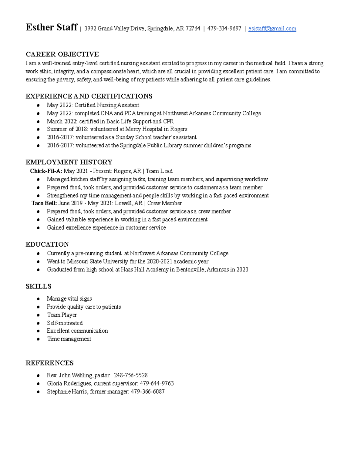 Esther's Resume - N?A - Esther Staff | 3992 Grand Valley Drive ...