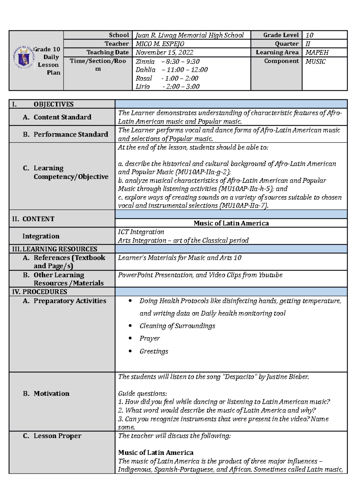 Music of Latin America - Lesson plan - Grade 10 Daily Lesson Plan ...