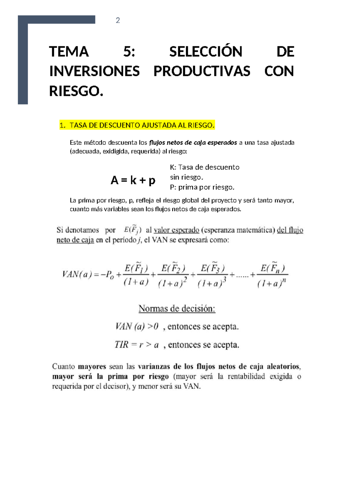 TEMA 5: SELECCIÓN DE INVERSIONES PRODUCTIVAS Y RIESGO - Studocu