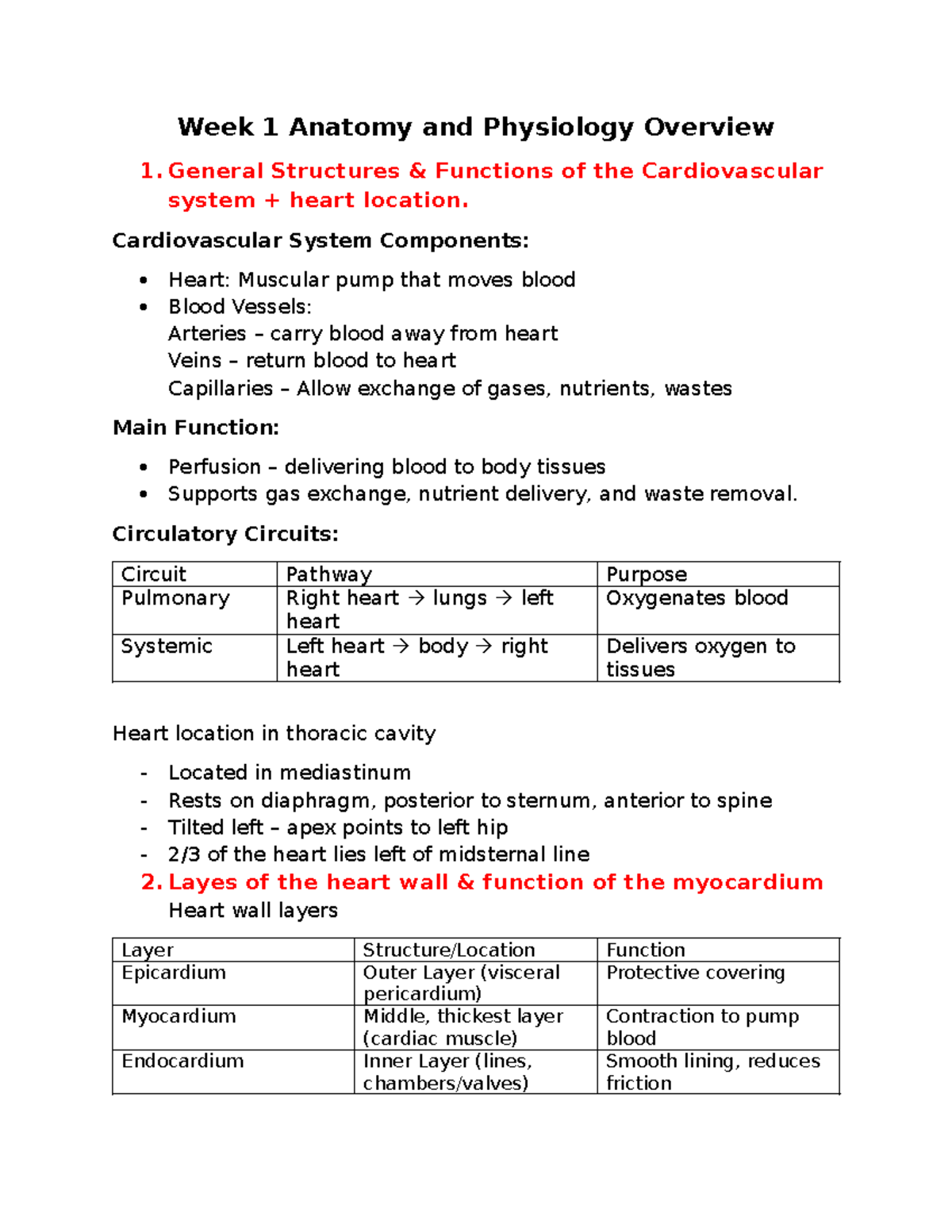 Week 1 Anatomy & Physiology: Cardiovascular System Overview - Studocu