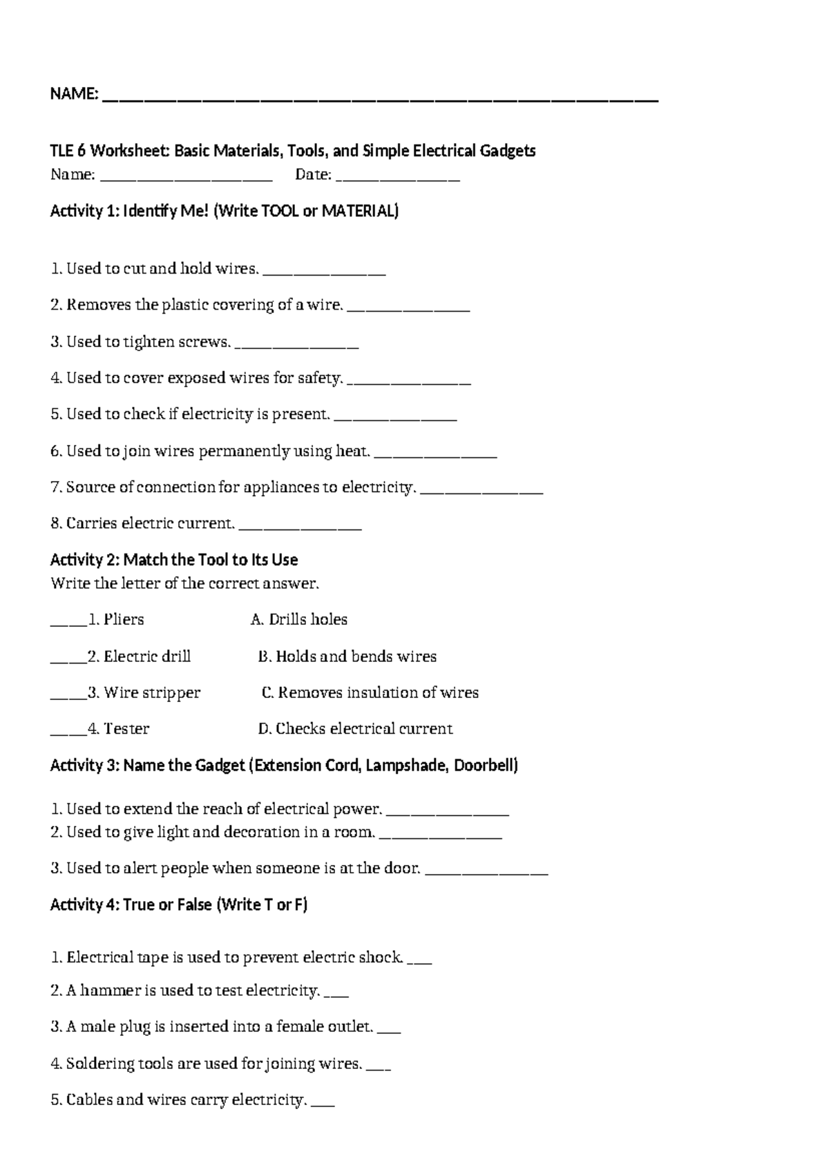 TLE 6 Worksheet: Basic Materials & Tools for Electrical Gadgets - Studocu