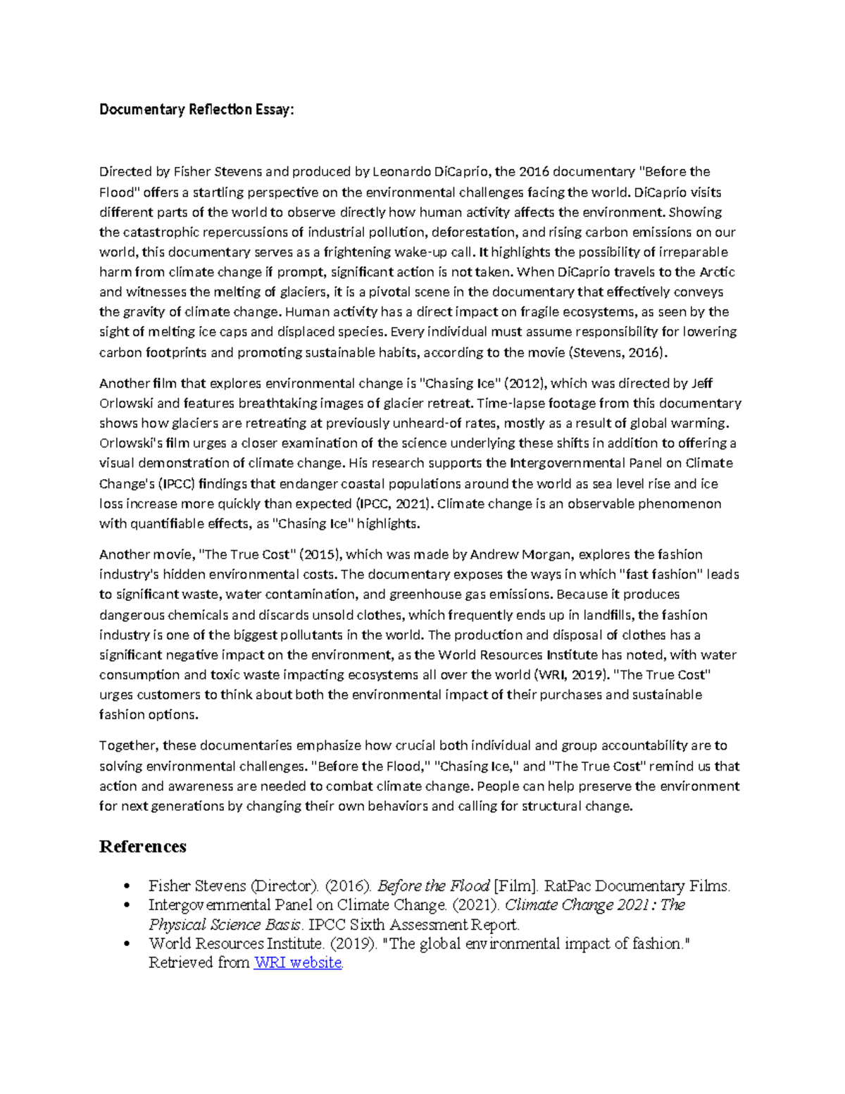 Environmental Impact Documentary Reflection Essay (ENG 101) - Studocu