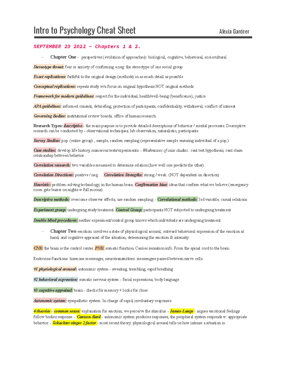 Intro to Psych (PSY 101) Final Exam Cheat Sheet: Ch 1 & 2 Highlights - Studocu