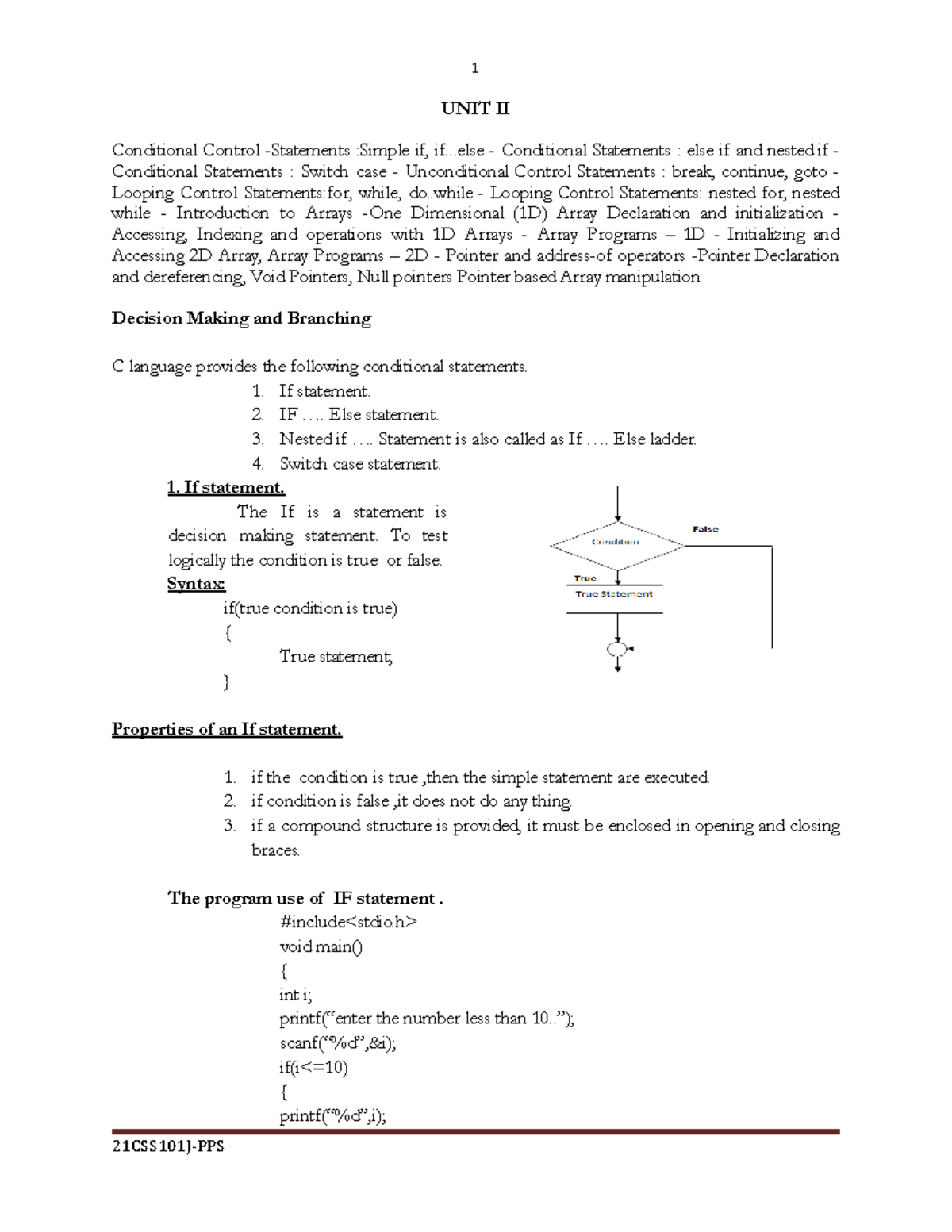 PPS UNIT II: Conditional & Loop Control Statements, Arrays, and Pointers - Studocu
