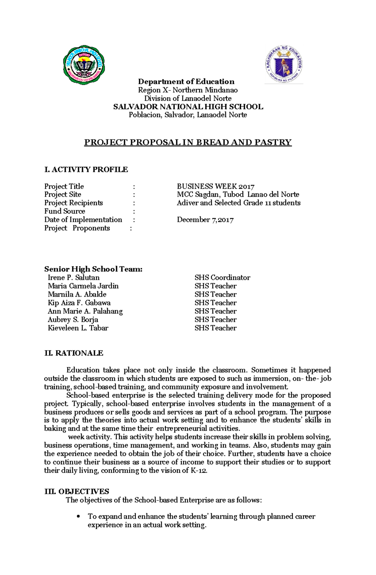 Business Week Project Proposal for Bread and Pastry 2017 - Studocu