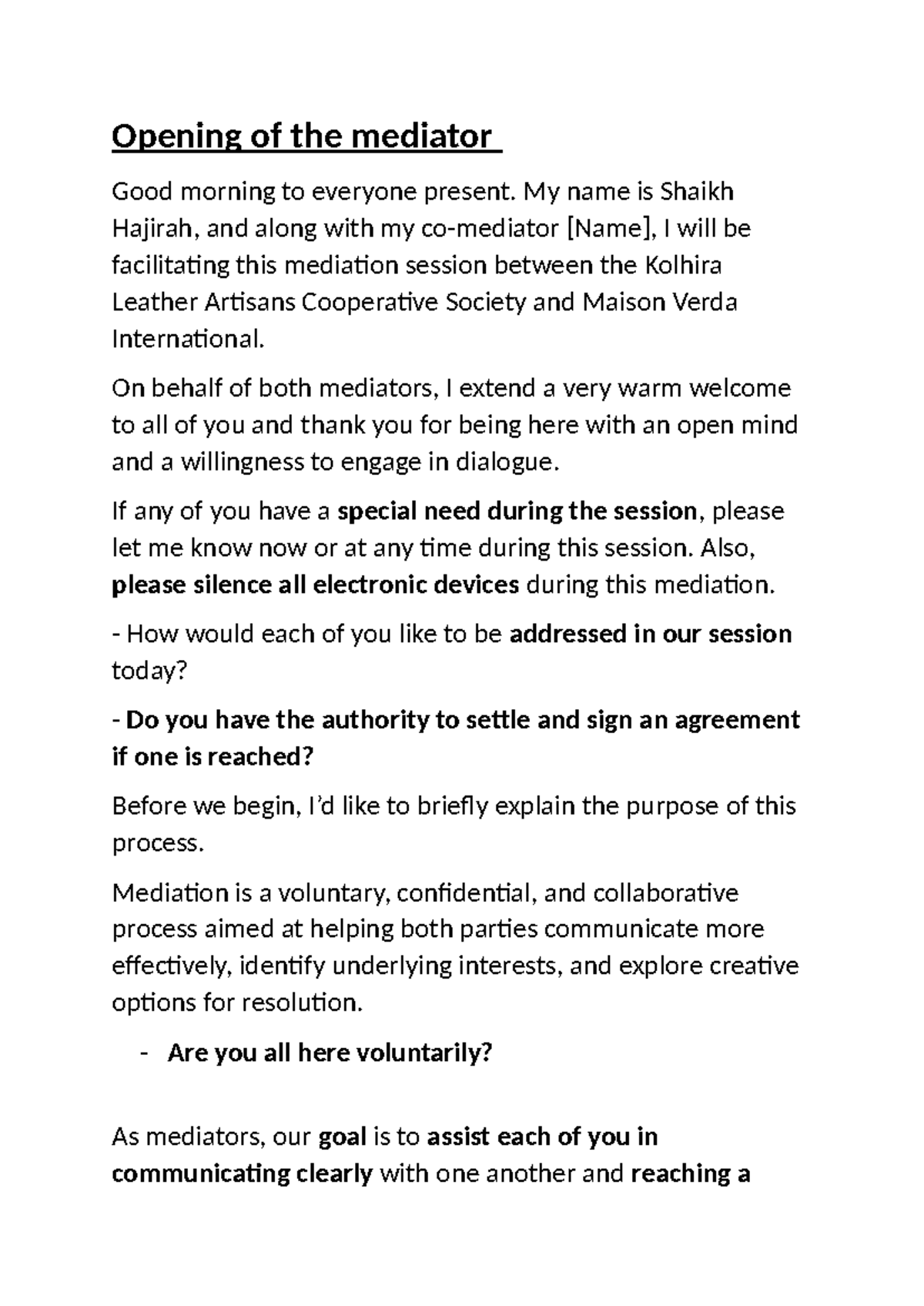 ADR Mediator - Session Notes for Kolhira Leather Artisans & Maison ...