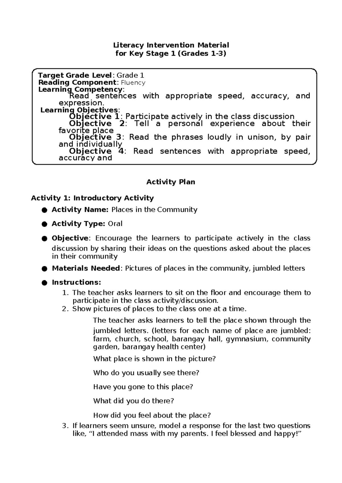 Grade 1 Literacy Intervention: Fluency Activities & Assessment - Studocu